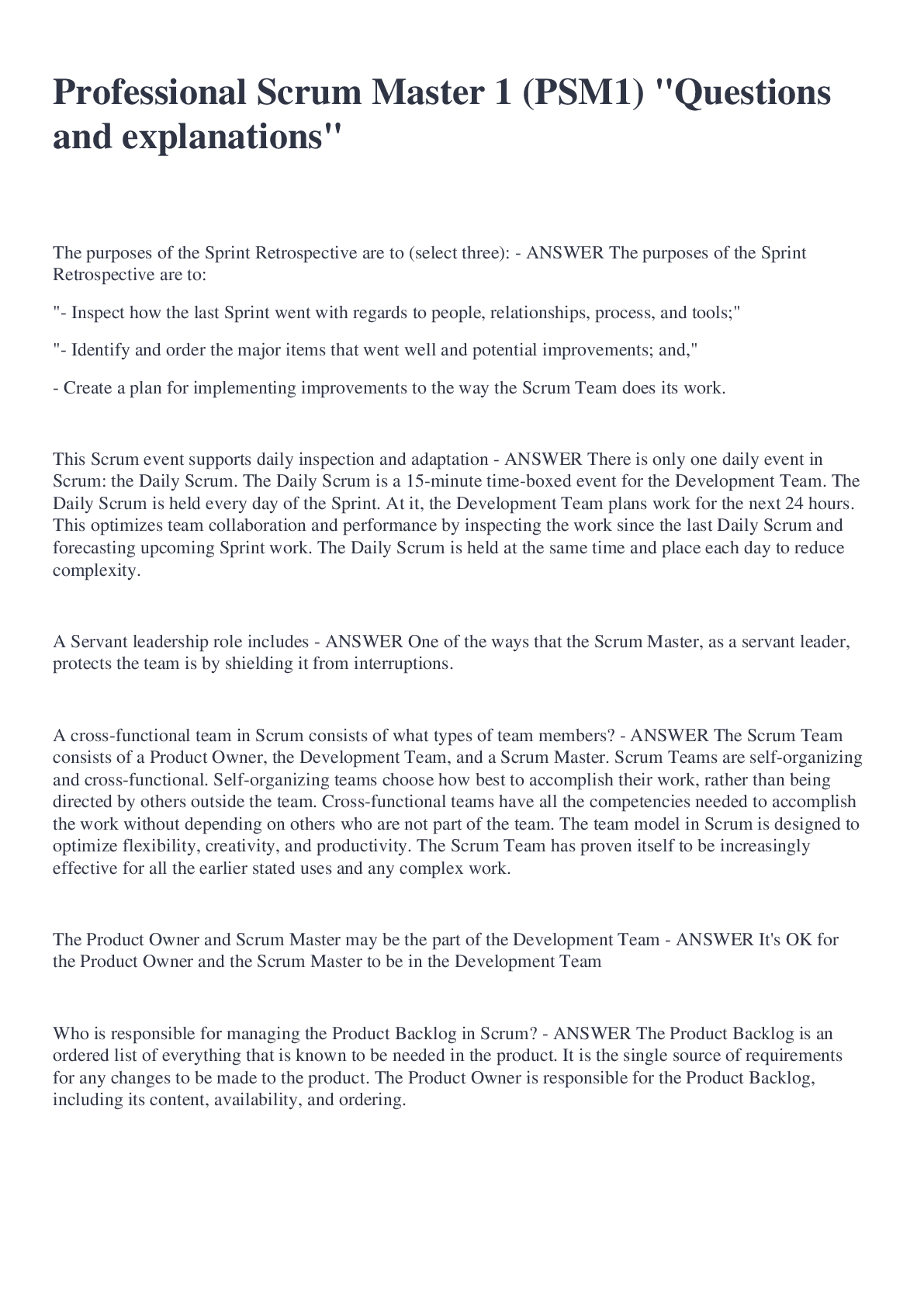 Professional Scrum Master 1 (PSM1) "Questions and explanations" - Scholarfriends